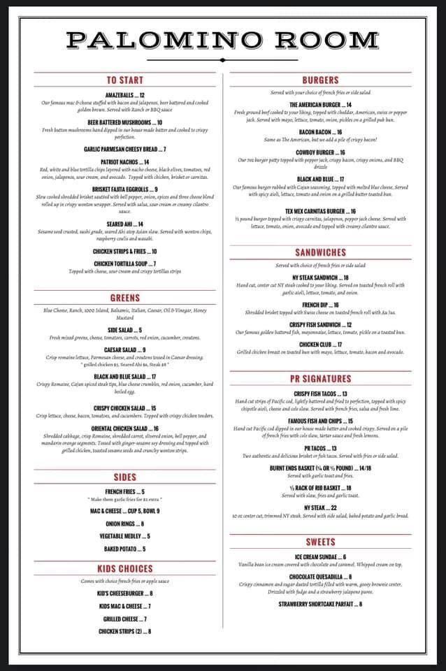 Menu at Palomino Room steakhouse, Red Bluff