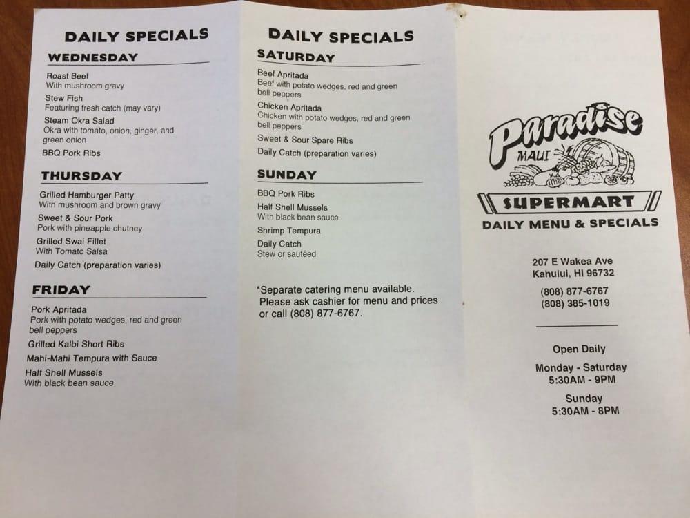Menu at Paradise Supermart restaurant, Kahului