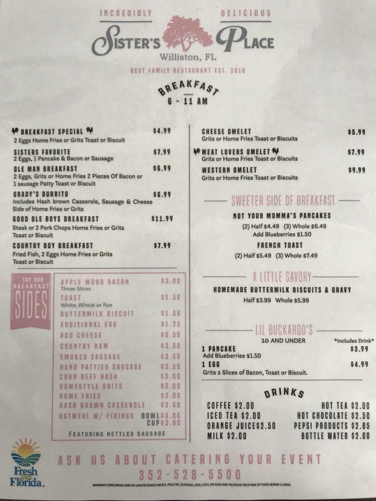 Menu at Sister's Place restaurant, Williston