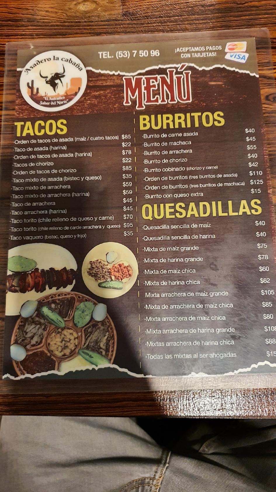 Carta del restaurante Asadero La Cabaña, Lázaro Cárdenas