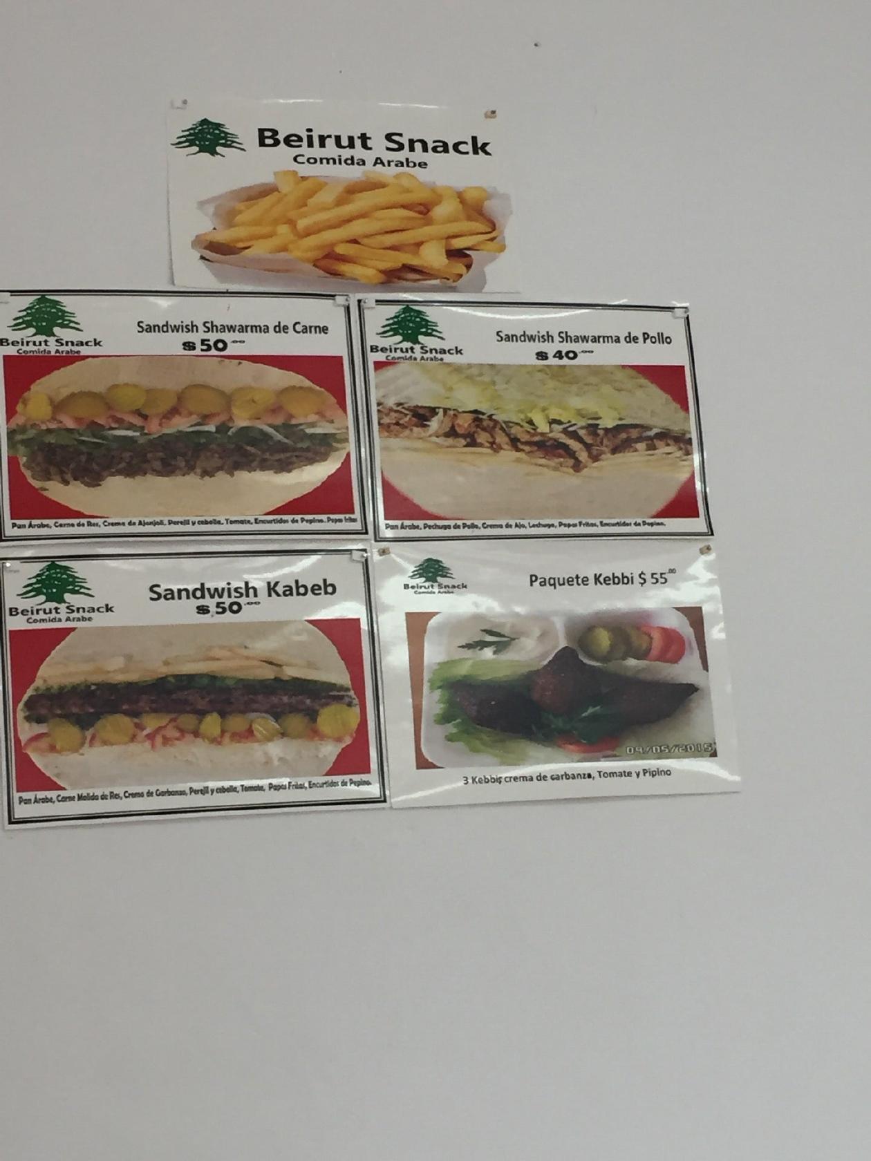 Menu at Beirut Snack restaurant, Cancún, Av. Bonampak 206