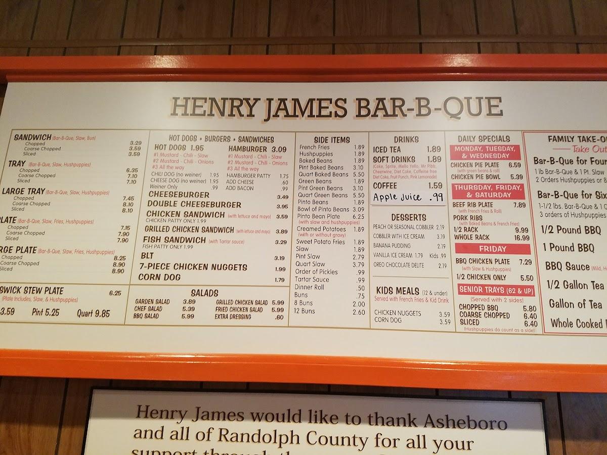 Menu at Henry James Bar-B-Que, Asheboro