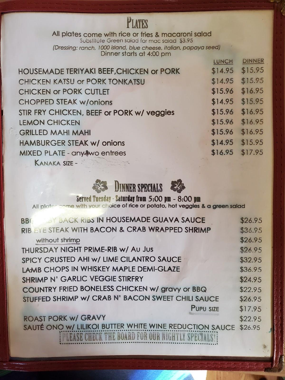 Menu at Kualapuʻu Cookhouse restaurant, Kualapuu