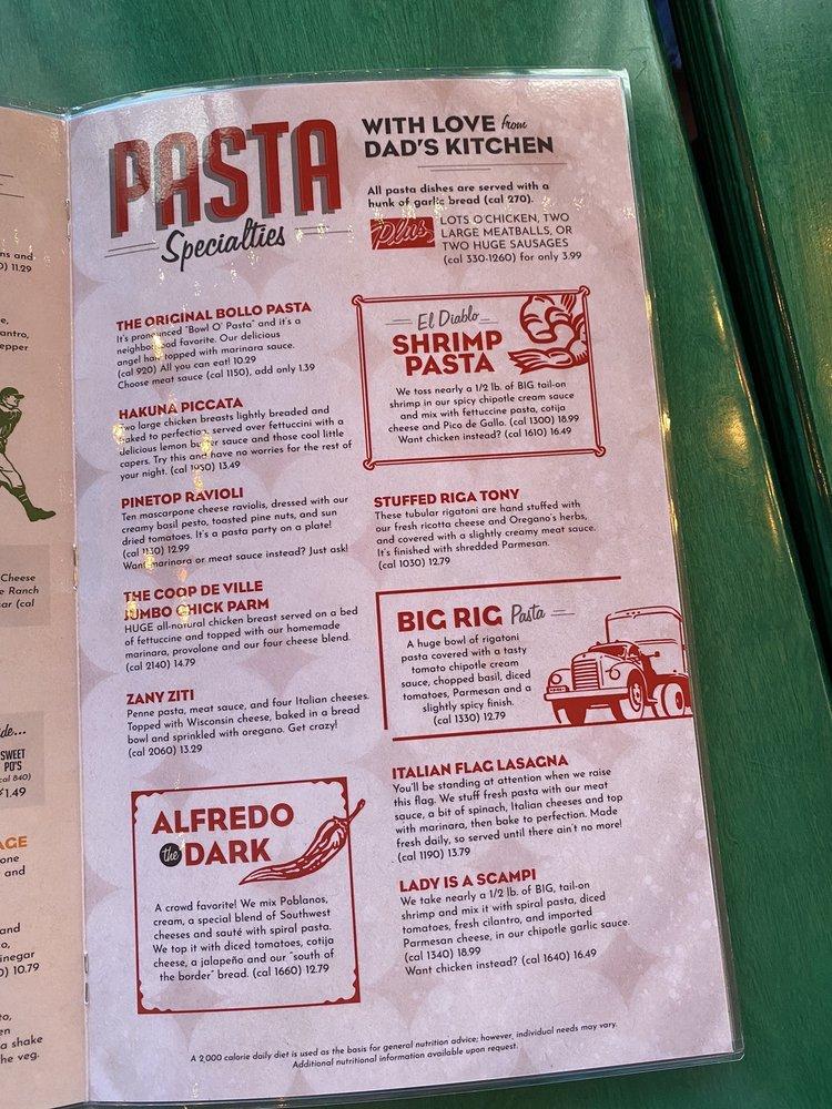 Menu at Oregano's pizzeria, Littleton
