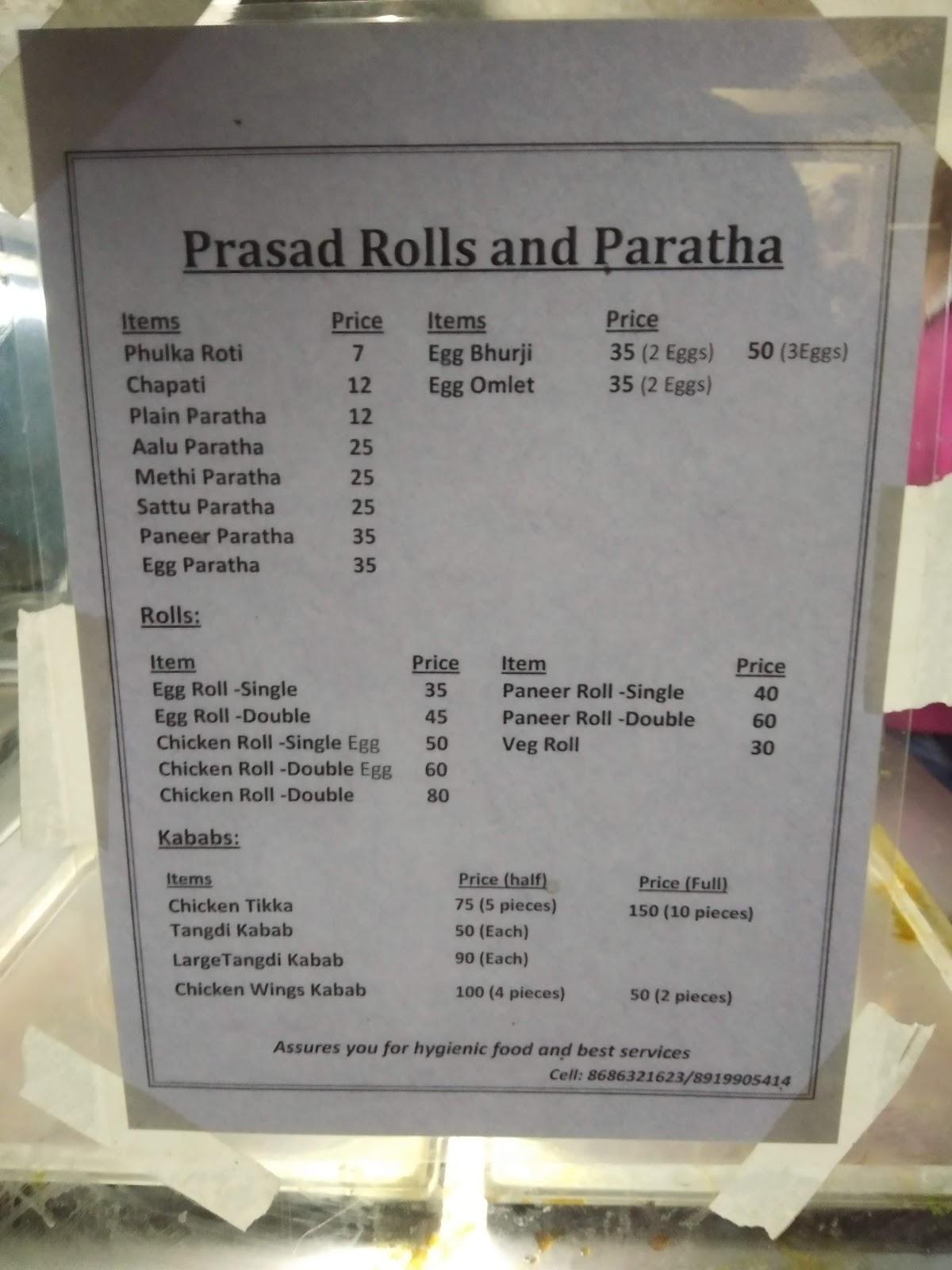 Menu at Prasad's Roll & Parathas, Hyderabad