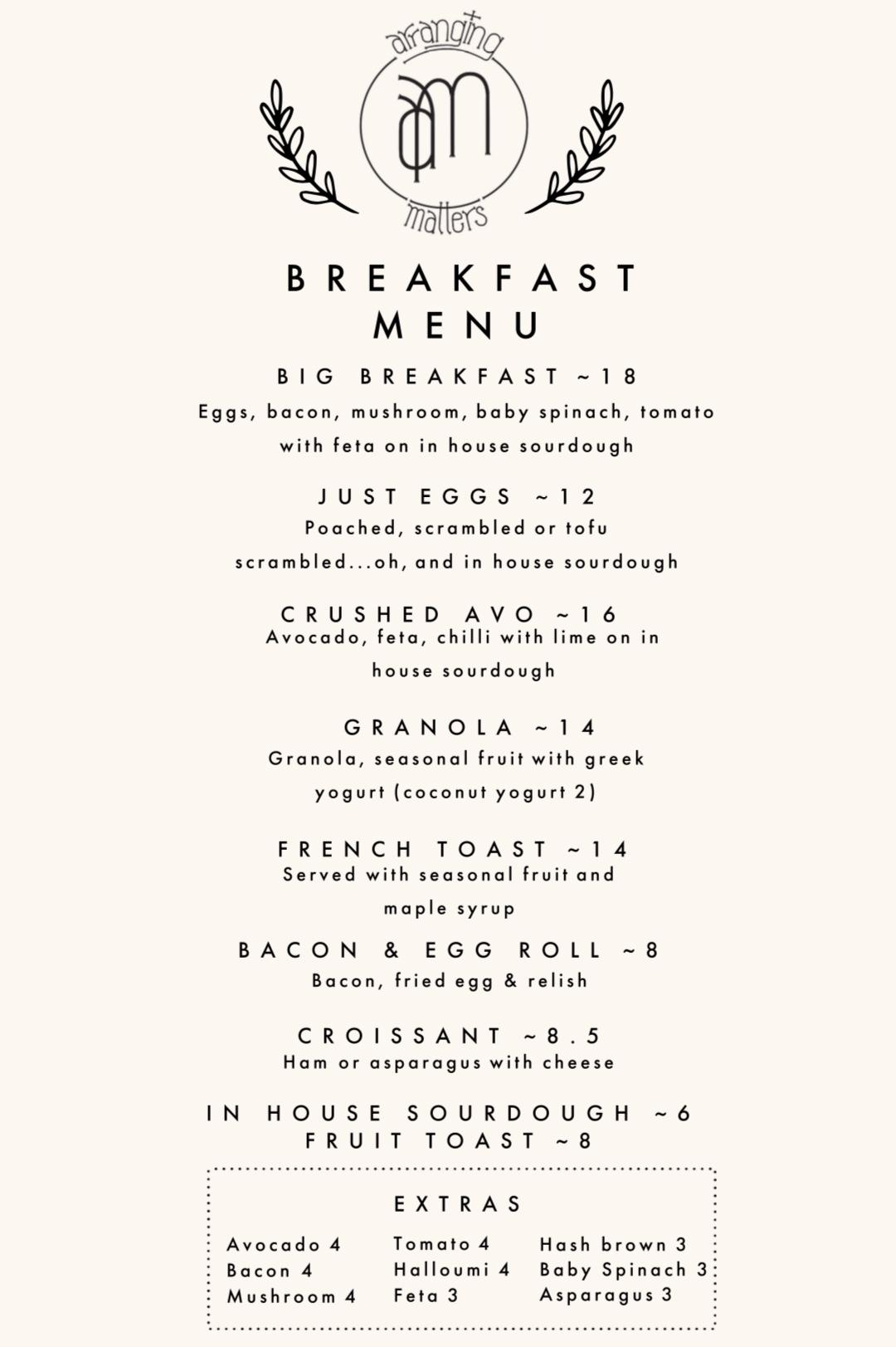 Menu at Arranging Matters cafe, Yankalilla