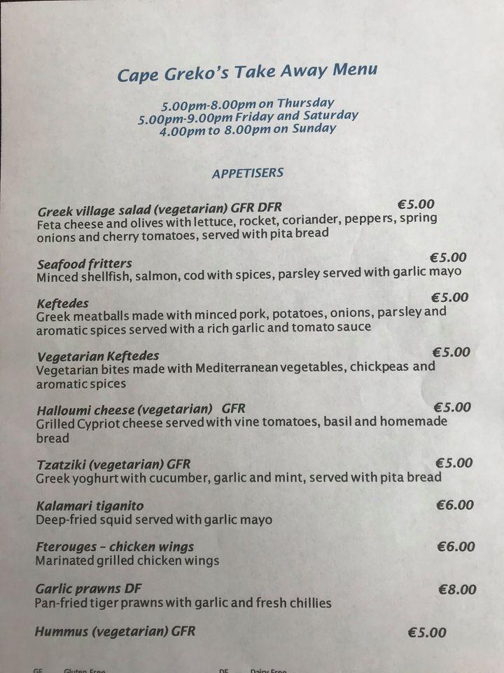 Menu at Cape Greko Greek & Cypriot restaurant, Malahide