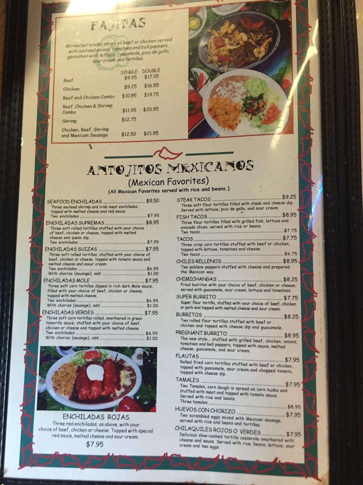 Menu at Durango's restaurant, Lexington