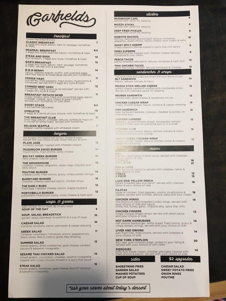 Menu at Garfield's pub & bar, Amherstburg