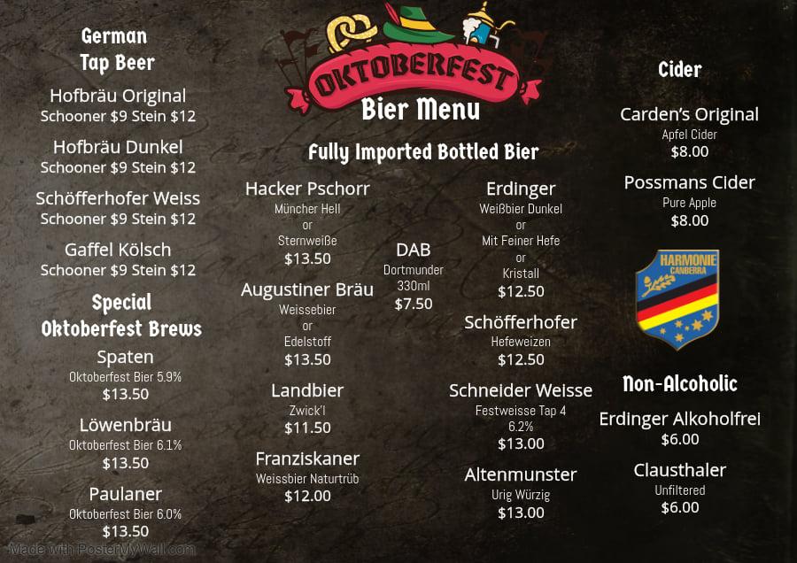 Menu at Harmonie German Club, Narrabundah