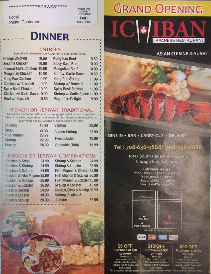Menu at ICHIBAN restaurant, Chicago Ridge