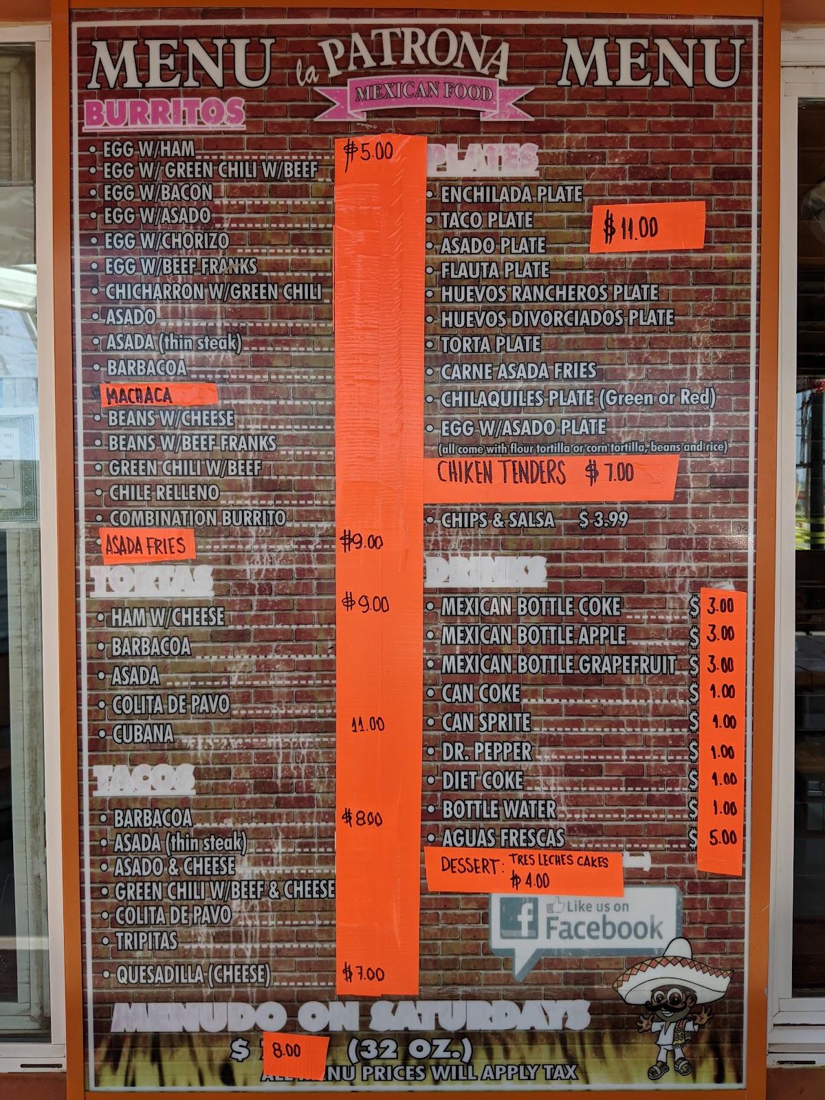 Menu at La Patrona restaurant, Carlsbad