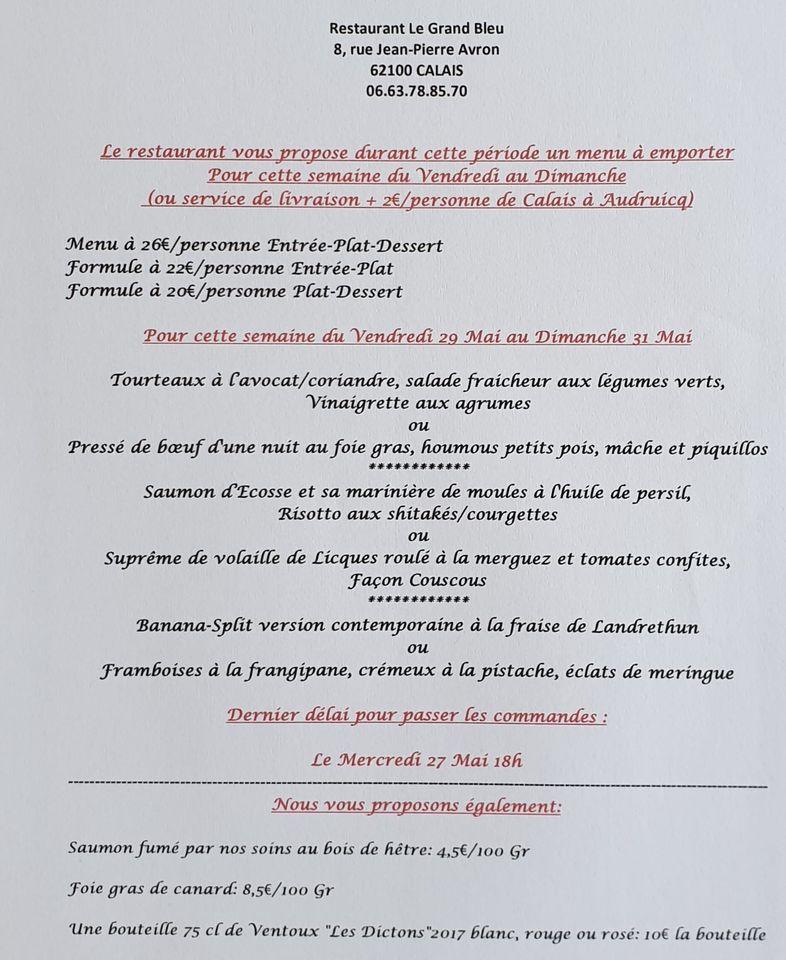 Menu au Restaurant Le Grand Bleu Calais, Calais