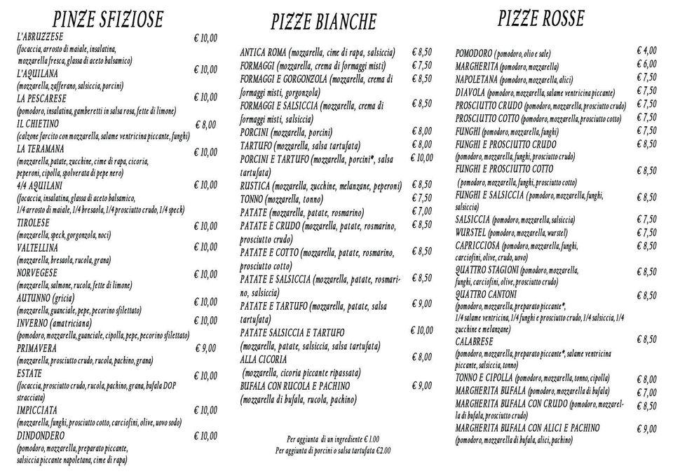 Menu da Ristorante Pizzeria Antica Roma, L'Aquila