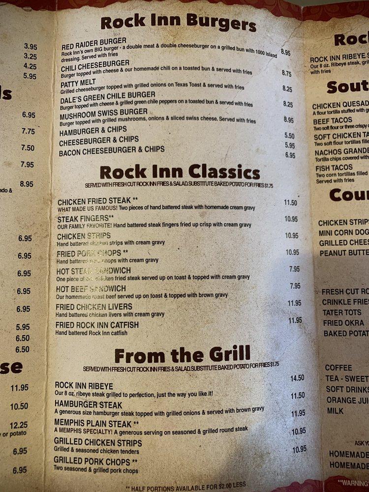 Menu at Rock Inn Cafe, Memphis, 1022 Boykin Dr