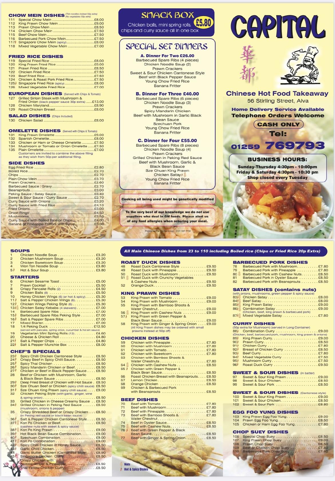 Menu at Capital chinese fast food, Alva