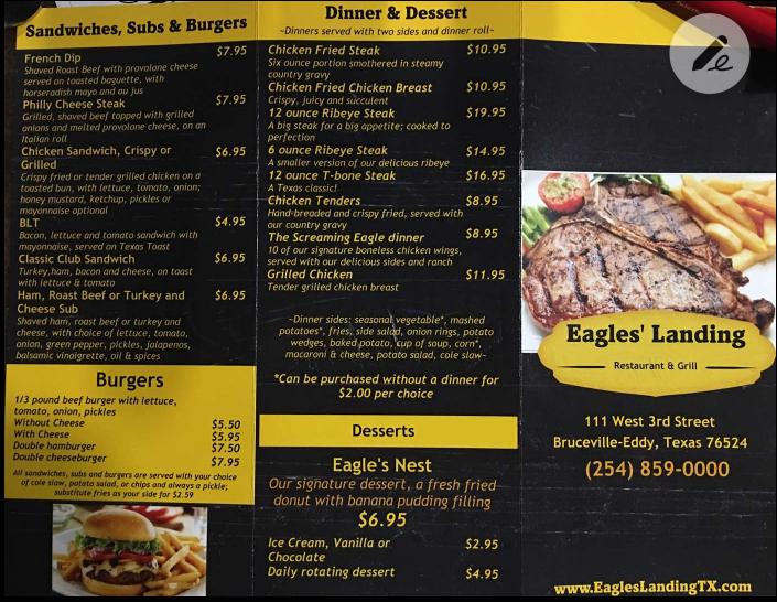Menu at Eagles' Landing Restaurant and Grill, Bruceville-Eddy