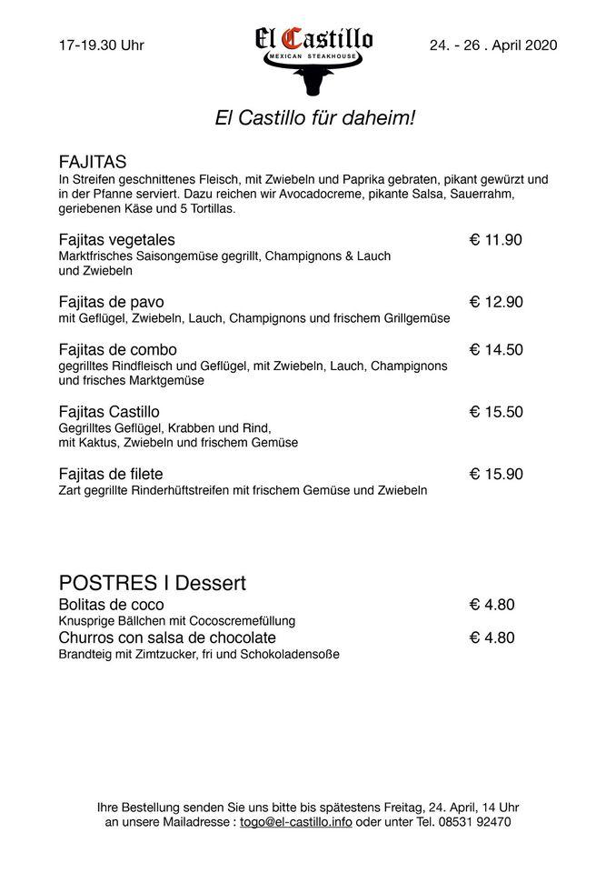 Menu at El Castillo steakhouse, Bad Füssing