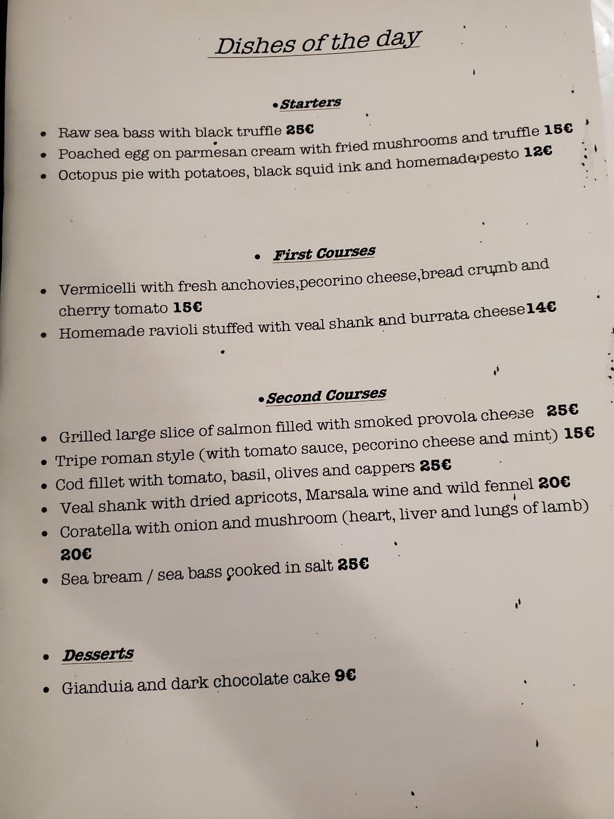 Menu at Renato e Luisa restaurant, Rome