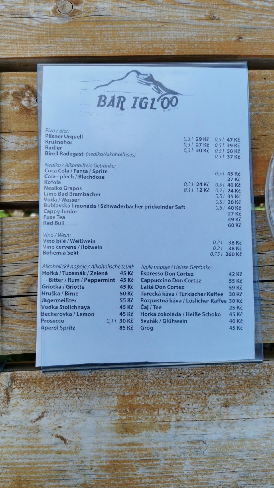 Menu at Bar Iglú, Bublava