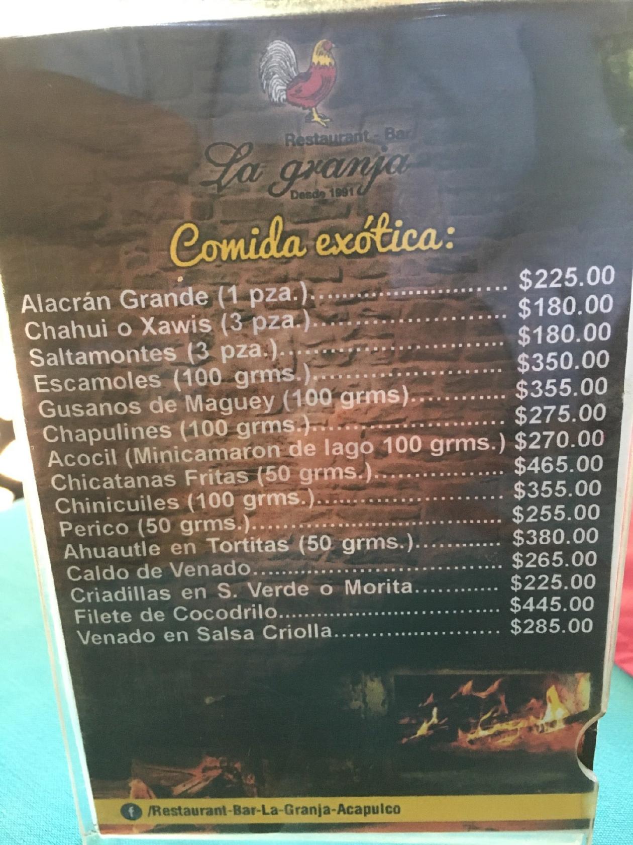Menu at La Granja restaurant, Acapulco, Blvd. de las Naciones 1221