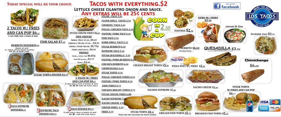 Menu at Los Tacos restaurant, South Holland, 111 Sibley Blvd