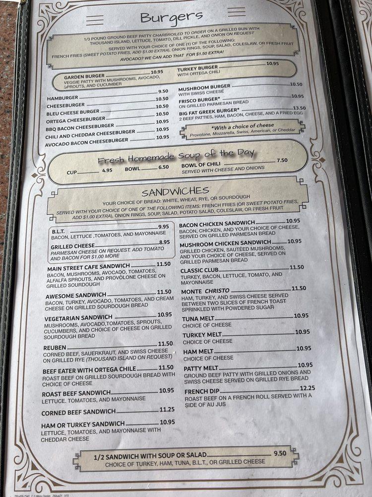 Menu at Main Street Cafe, Fallbrook