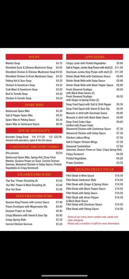 Carta de Peacock Inn Chinese Restaurant, Ormskirk