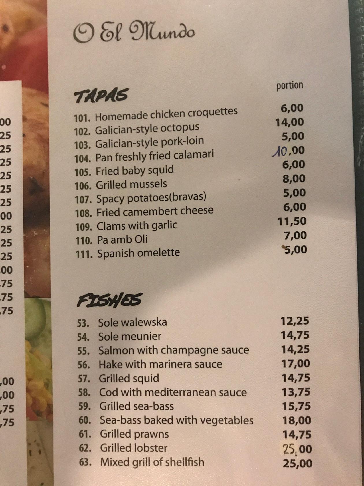 Menu at Restaurante El Mundo, Magaluf