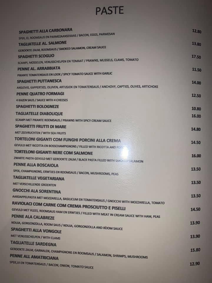 Menu at Sabatino, Antwerp