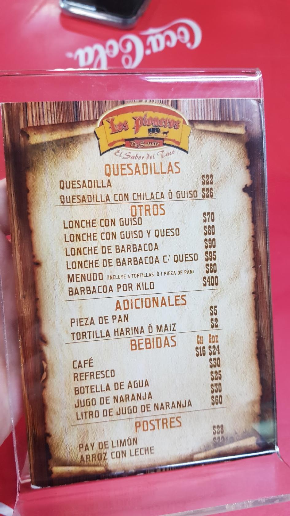 Carta del restaurante Tacos Los Pioneros, Saltillo, Blvd. Moctezuma