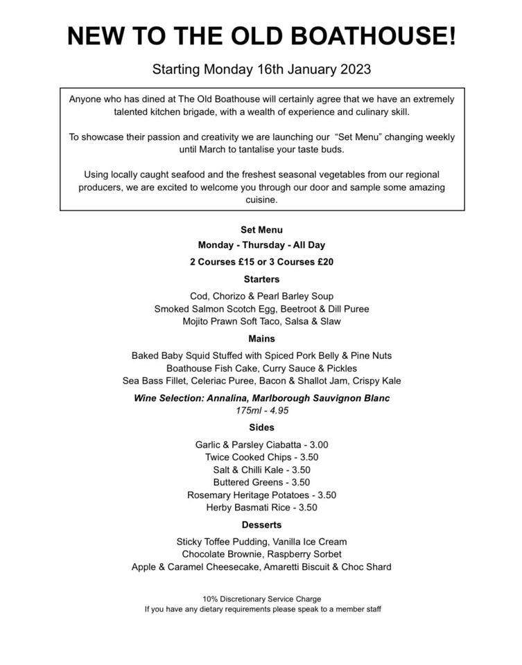 Menu at The Old Boathouse restaurant, Warkworth