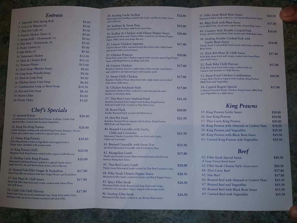 Menu at Capitol Chinese Restaurant, Townsville, 187 Flinders St