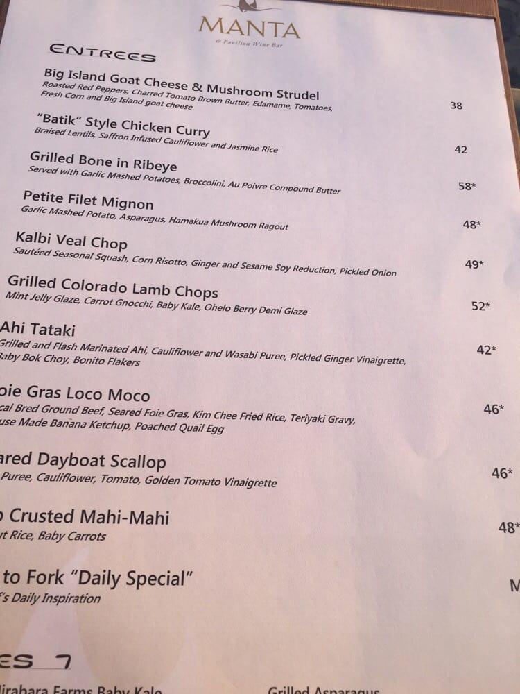Menu at Manta Restaurant, Puako, Mauna Kea Beach Hotel