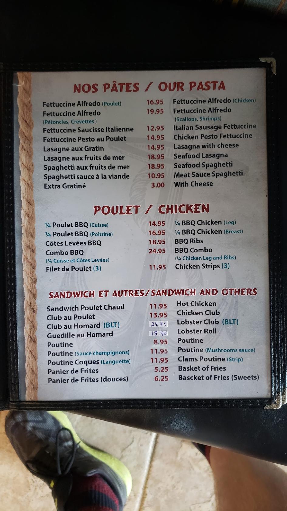 Menu at Capitaine Frank Restaurant, Tracadie-Sheila