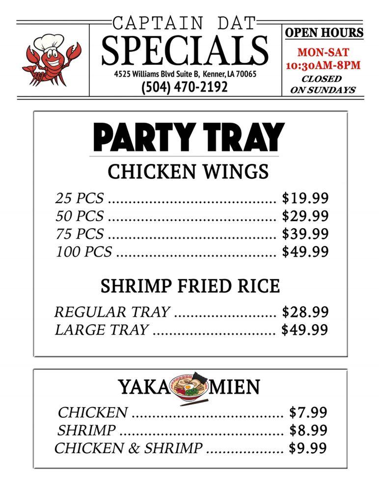 Menu at Captain Dat restaurant, Kenner