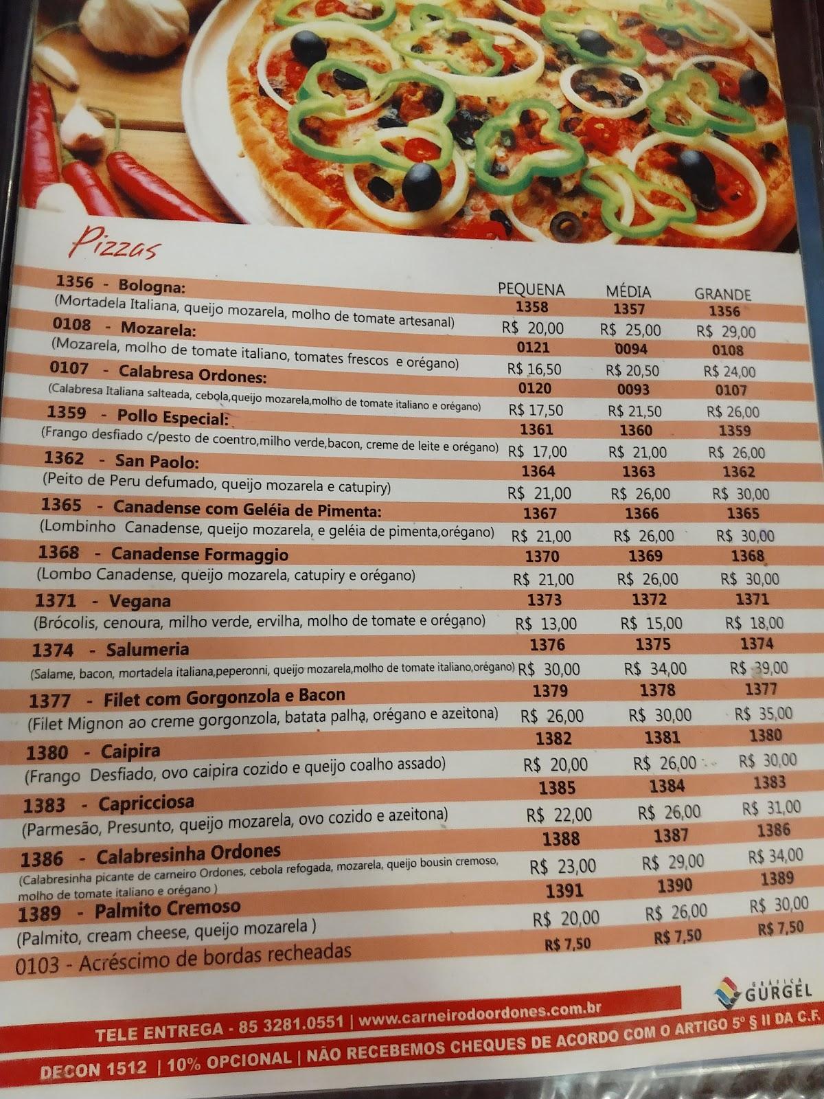 Carta de parrilla Carneiro do Ordones, Fortaleza, R. Azevedo Bolão