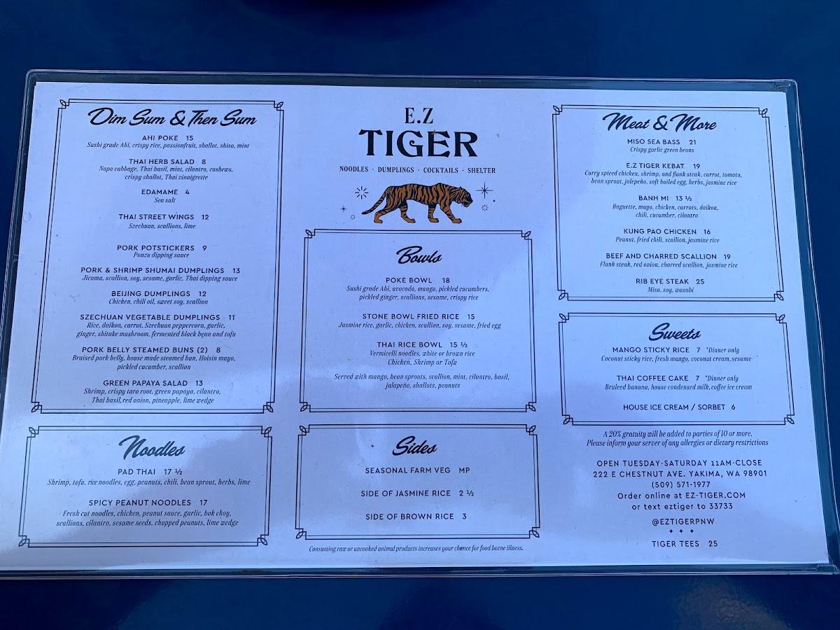 Carta del pub y bar E.Z Tiger, Yakima