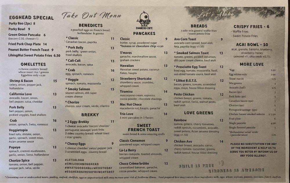 Menu at Egghead Cafe, Honolulu, Dillingham Blvd #8