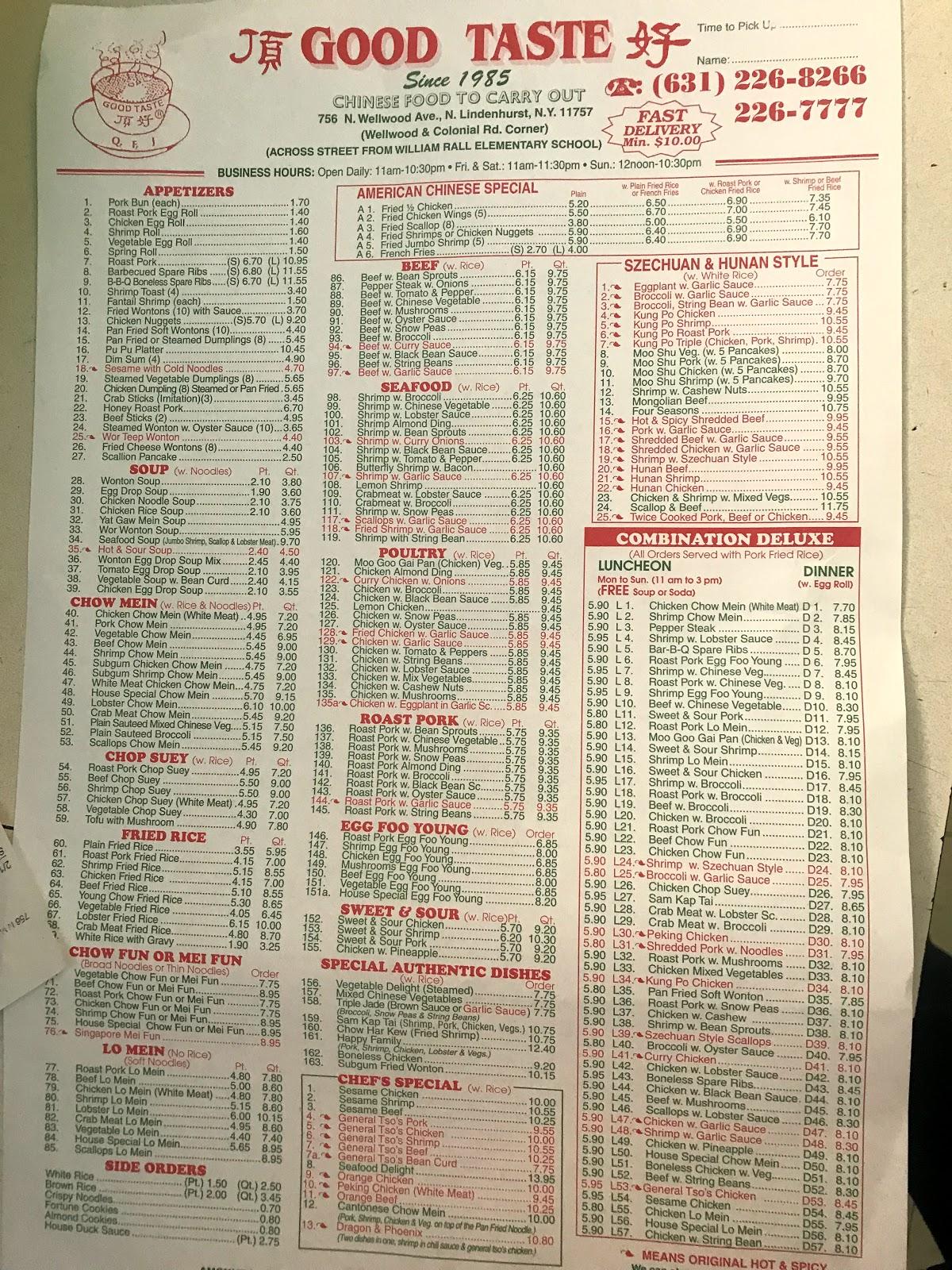 Menu at Good Taste Chinese Restaurant, Lindenhurst