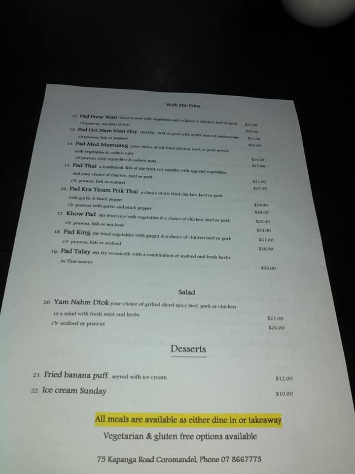 Menu at Laan Yamo Thai Restaurant, Coromandel