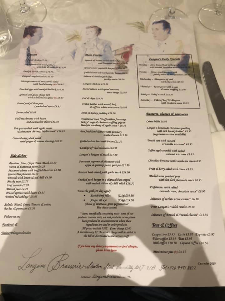 Menu at Langhams Restaurant, London