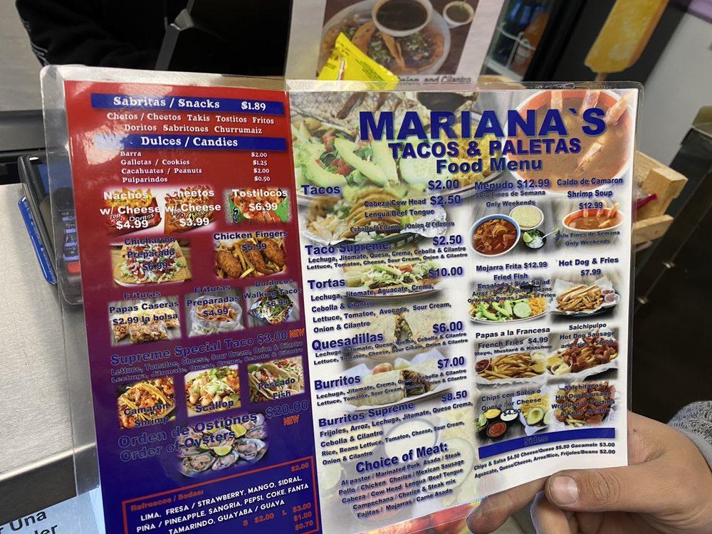 Menu at Mariana's Tacos Y Paletas restaurant, Springfield