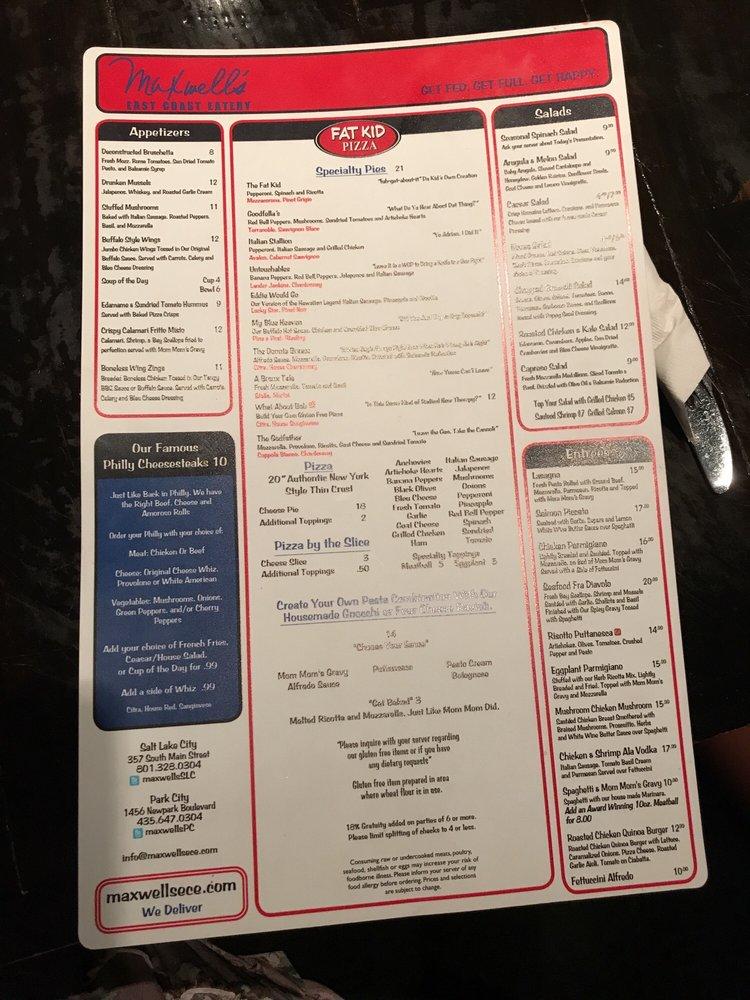 Menu at Maxwell's pizzeria, Park City