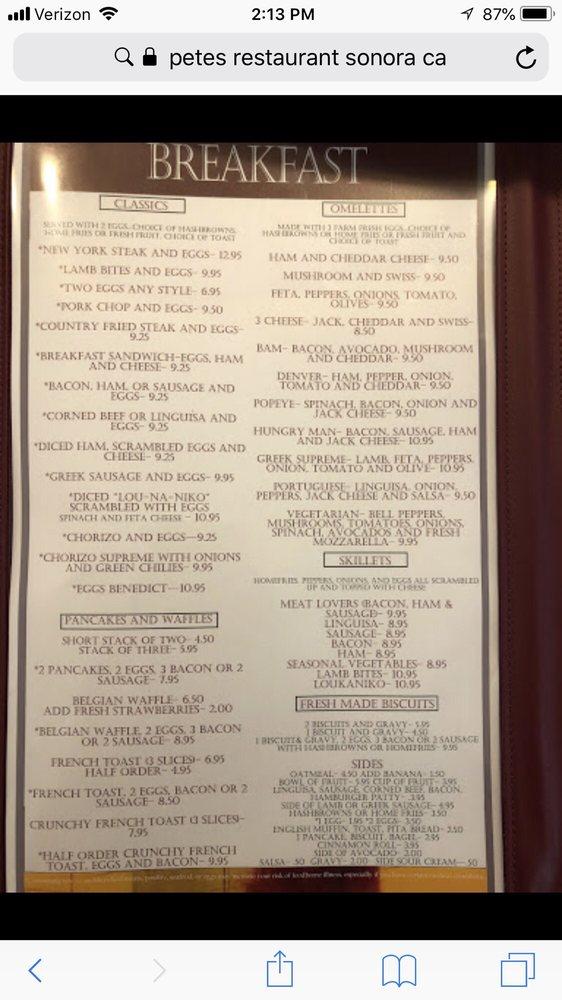 Menu at Pete's restaurant, Sonora