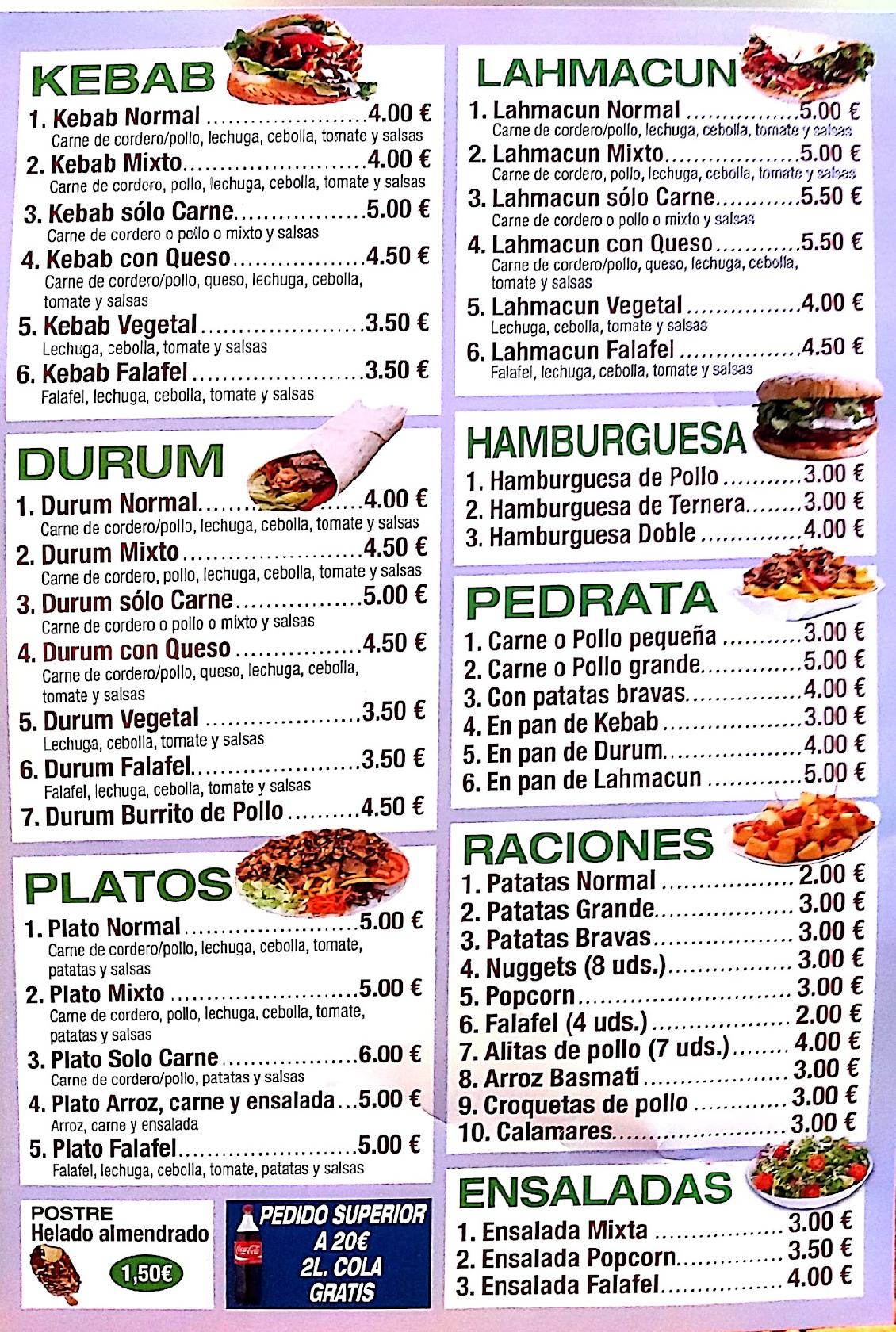 Menu at Roma Döner Kebab (The Factory Bar), Basauri