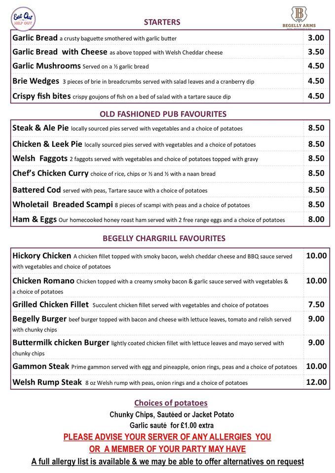 Menu at The Begelly Arms pub & bar, Begelly