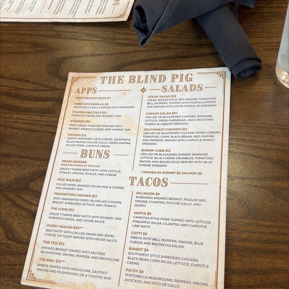 Menu at The Blind Pig Pub, Hartsville