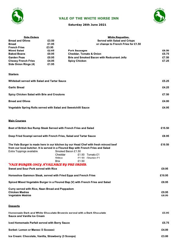 Menu at Vale of the White Horse Inn pub & bar, Minety