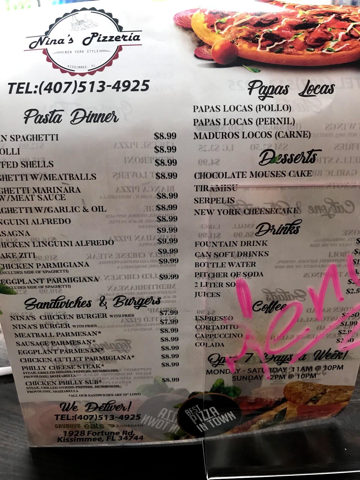 Menu at Nina's Pizzeria, Kissimmee, Fortune Rd